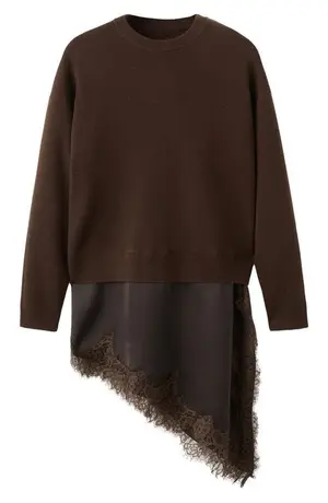 Mango Mixed Media Lace Trim Sweater - Chocolate