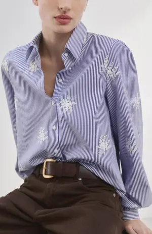 Mango Embroidered Stripe Shirt - Sky Blue