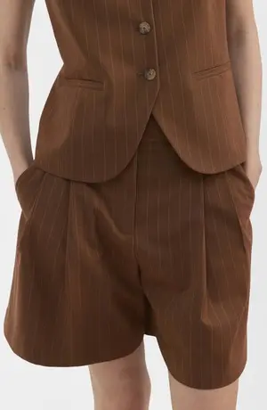 Mango Pleated Pinstripe Straight Fit Bermuda Shorts - Caramel