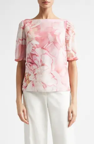 St. John Monique Le Jardin Print Georgette Top - Soft Peony Multi