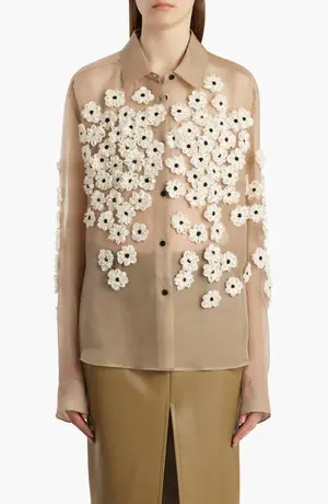 Khaite Argo Floral Appliqué Sheer Silk Organza Button-up Shirt - Tea Stain Scatter