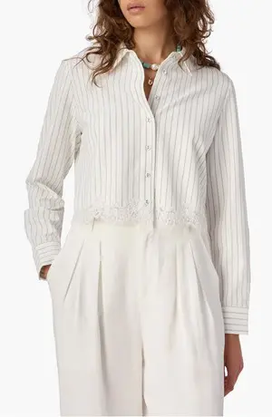 Cami Nyc Callum Stripe Lace Trim Crop Button-up Shirt - White Pinstripe