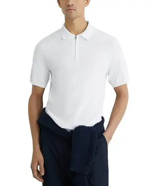 REISS Estate Short Sleeve Half Zip Textured Polo - White