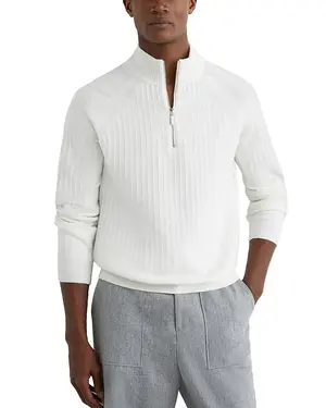 REISS Aldershot Half Zip Funnel Textured Jumper Sweater - White