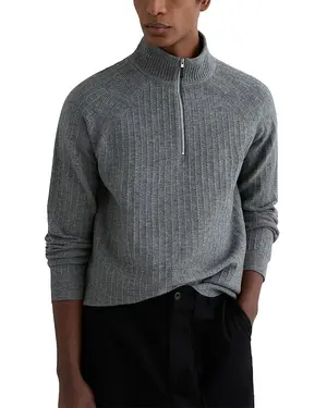 REISS Aldershot Half Zip Funnel Textured Jumper Sweater - Grey Melange