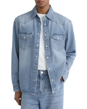 REISS Finley Long Sleeve Washed Denim Overshirt - Washed Blue