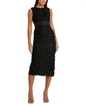 Mac Duggal Sleeveless Floral Applique Midi Dress - Black
