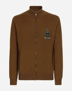 Dolce & Gabbana Wool And Cashmere Knit Zip-up Sweater With Dg Patch - Brown