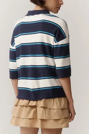 Maeve Boxy Scalloped Polo Shirt - Blue Stripe