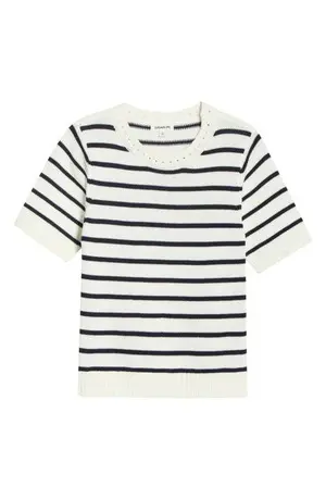 SUGARLIPS Tessie Stripe Short Sleeve Cotton Sweater - White Navy