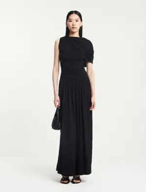 NINETY PERCENT Mila Asym Caped Shoulder Maxi Dress In Micromodal - Black