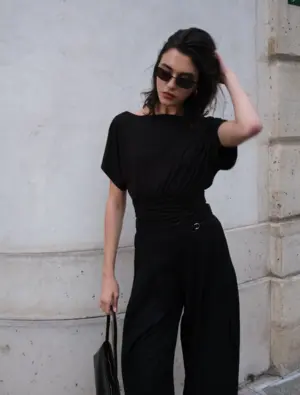 NINETY PERCENT Amelie Slash Neck Gathered Side Top - Black