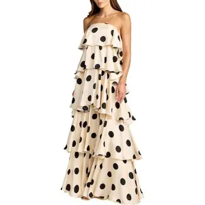 Mac Duggal Strapless Polka Dot Charmeuse Ruffle Gown - Cream Black