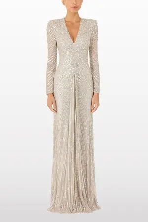 Jenny Packham Sequin-embellished V-neck Gown - Platinum