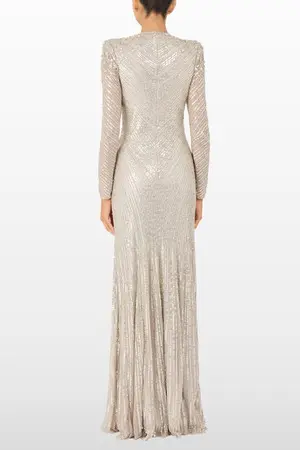 Jenny Packham Sequin-embellished V-neck Gown - Platinum