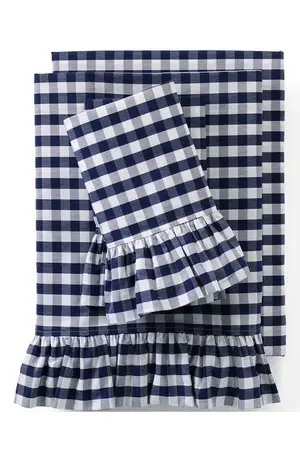 LANDS' END Ruffle Pillowcases Deep Sea Navy Gingham