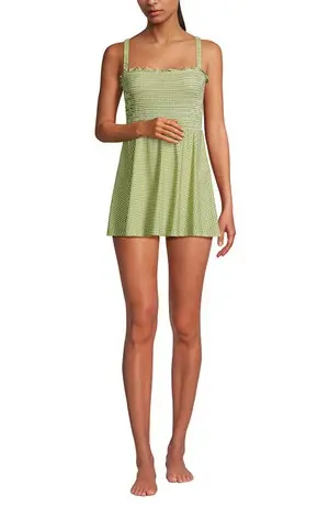 LANDS' END Square Neck Smocked Mini Swim Dress - Bright Pistachio Gingham