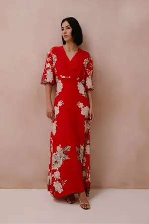 RAISHMA Floral Printed Maxi Dress - Red