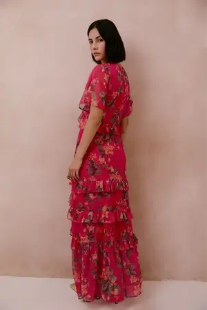 RAISHMA Printed Crinkle Chiffon Maxi Dress - Red Floral
