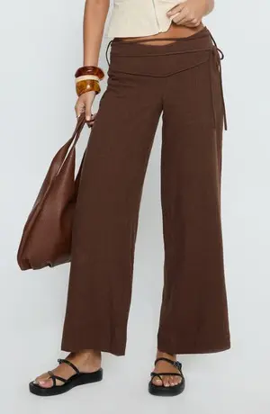 Princess Polly Silver Moon Tie Waist Linen Blend Pants - Brown