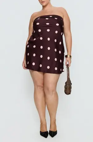 Princess Polly Phillipa Polka Dot Foldover Strapless Satin Minidress - Plum/pink Polka Dot