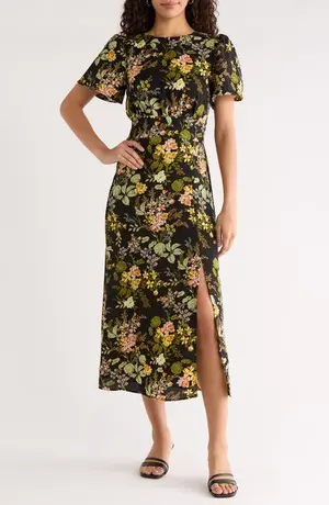 SUGARLIPS Floral Print Midi Dress - Black Multi