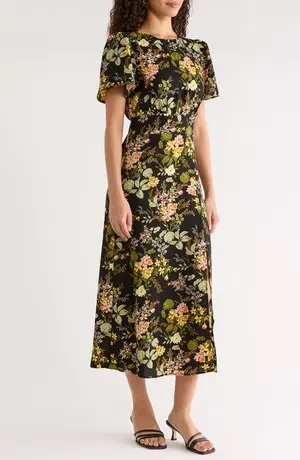 SUGARLIPS Floral Print Midi Dress - Black Multi