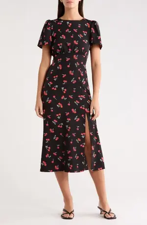 SUGARLIPS Floral Print Midi Dress - Black-red
