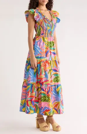 SUGARLIPS Patterned Cotton Poplin Maxi Dress - White-mult