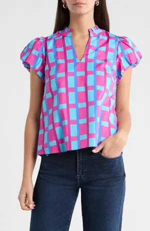SUGARLIPS Marvy Checker Kenie Puff Sleeve Top