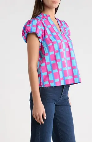 SUGARLIPS Marvy Checker Kenie Puff Sleeve Top