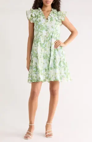 SUGARLIPS Kiany Floral Print Ruffle Minidress - Light-blue-green