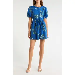 SUGARLIPS Floral Cotton Mini Dress With Drawstring Waist - Navy-blue-grn