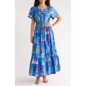 SUGARLIPS Punta Alta Ordy Smocked Midi Dress - Cobalt-combo