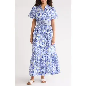 SUGARLIPS Floral Print A-line Dress - White-blues-combo