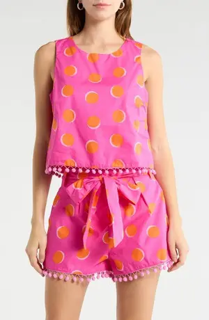 SUGARLIPS Rosy Polka Dot Taisy Sleeveless Top - Fuchsia-orange-dot