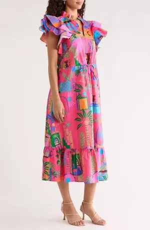 SUGARLIPS Lanus City Dillan Ruffle Midi Dress - Fuchsia-multi