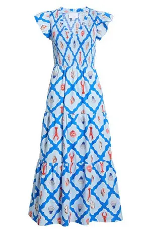 SUGARLIPS Lobster Bay Sunfire Smocked Cotton Tiered Maxi Dress - White Blue-multi