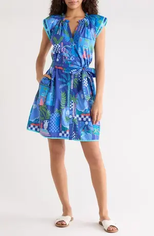 SUGARLIPS Printed Cotton Belted Shift Dress - Cobalt-combo