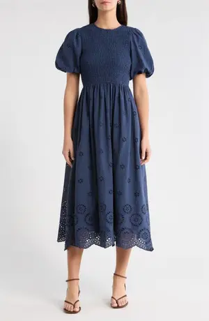 SUGARLIPS Deana Eyelet Smocked Midi Dress - Navy
