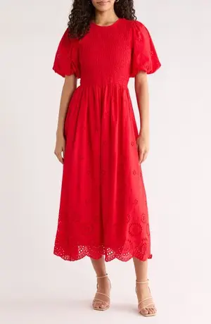 SUGARLIPS Deana Eyelet Smocked Midi Dress - Red