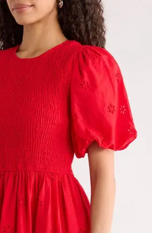SUGARLIPS Deana Eyelet Smocked Midi Dress - Red