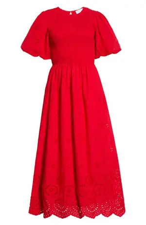 SUGARLIPS Deana Eyelet Smocked Midi Dress - Red