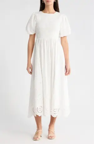 SUGARLIPS Deana Eyelet Smocked Midi Dress - White