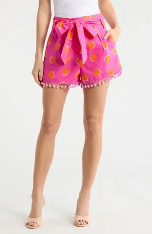 SUGARLIPS Rosy Polka Dot Pompom Cotton Shorts - Fuchsia-orange-dot