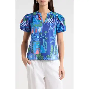 SUGARLIPS Punta Alta Berisa Split Neck Puff Sleeve Cotton Top - Cobalt-combo