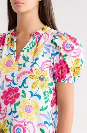 SUGARLIPS Punta Alta Berisa Split Neck Puff Sleeve Cotton Top - White Multi