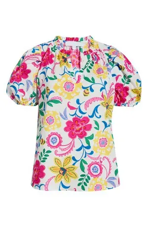 SUGARLIPS Punta Alta Berisa Split Neck Puff Sleeve Cotton Top - White Multi