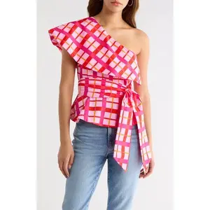 SUGARLIPS Plaid One-shoulder Cotton Top