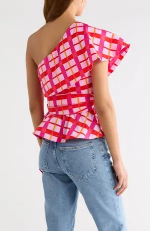SUGARLIPS Plaid One-shoulder Cotton Top